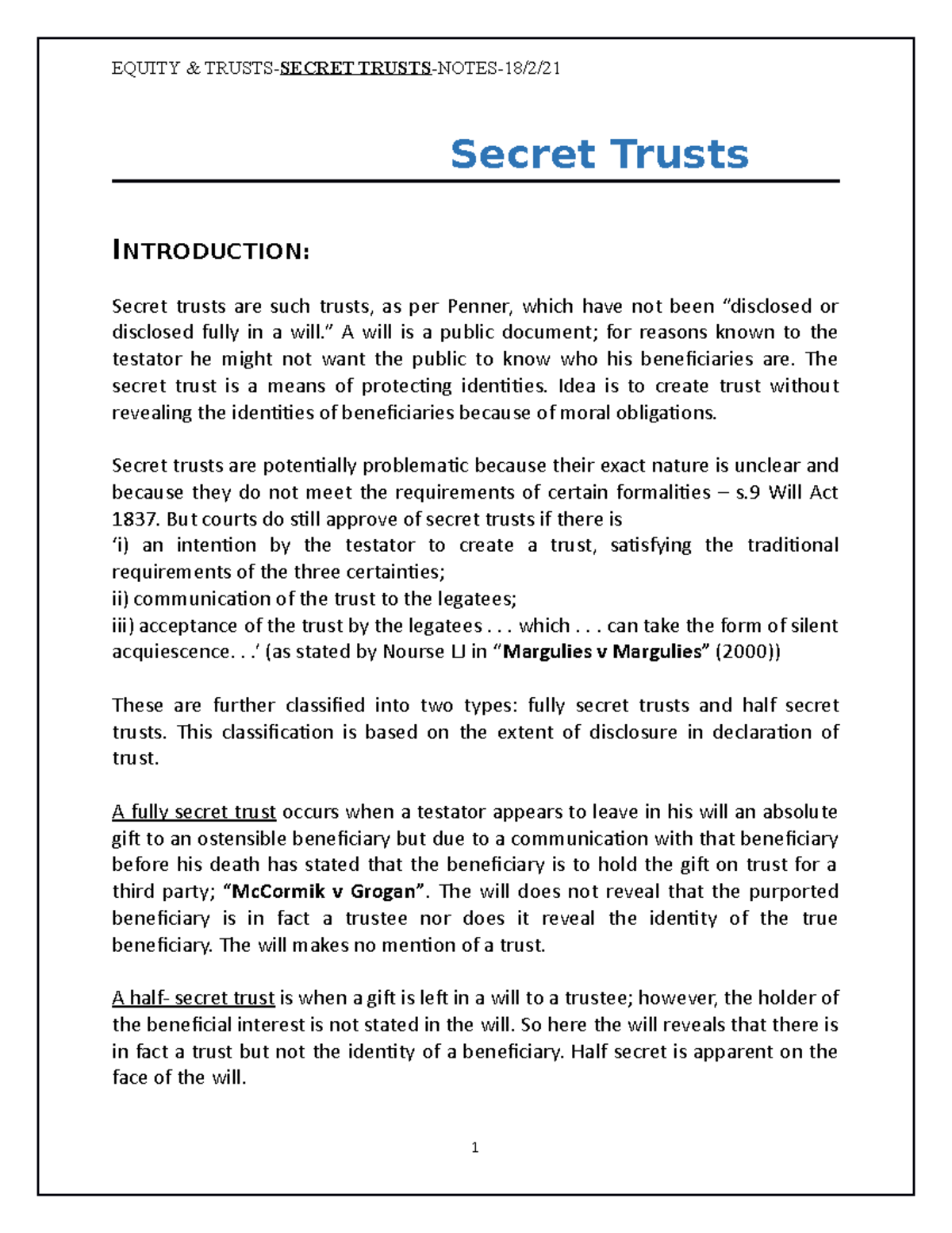 Secret Trusts - Secret Trusts INTRODUCTION: Secret trusts are such ...