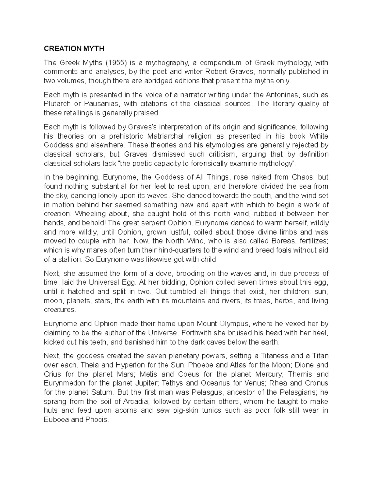 Mthology AND Folklore - CREATION MYTH The Greek Myths (1955) is a ...
