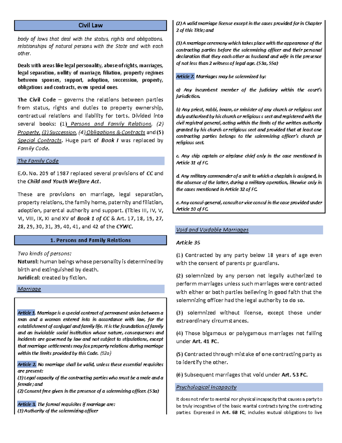 Civil Law - Introduction to Law (Refresher/Reviewer) - Civil Law body ...