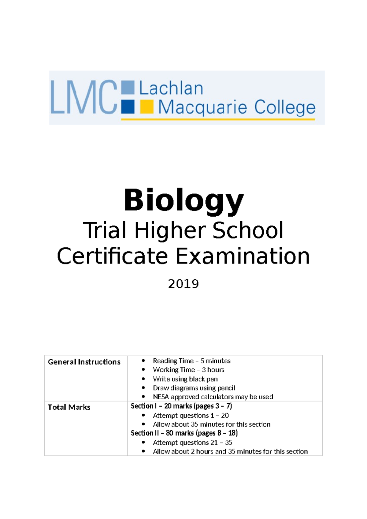 2019 LMC Bioloy Trial - exam - Biology Trial Higher School Certificate ...