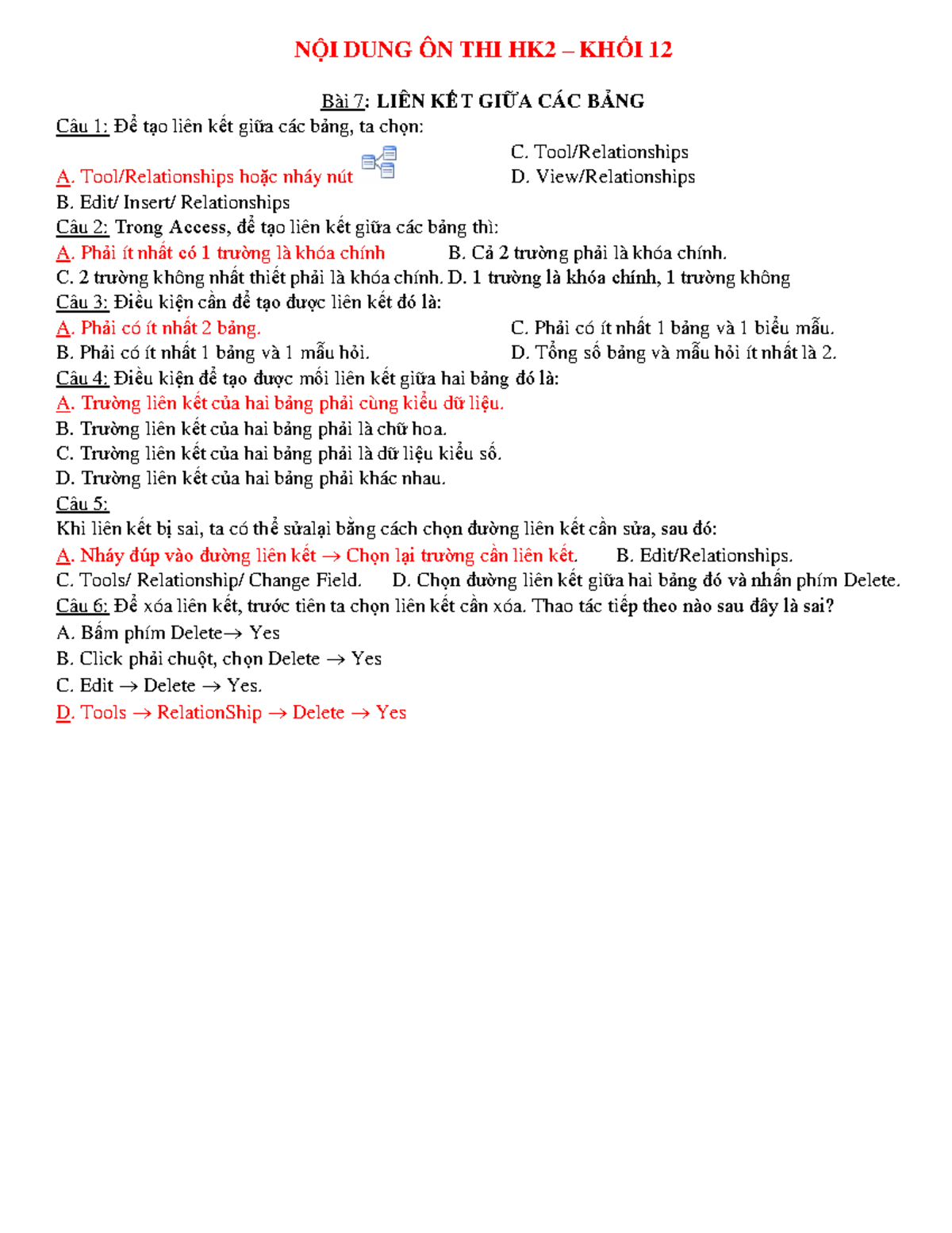 NỘI DUNG ÔN THI HK2 mon tin hoc - NỘI DUNG ÔN THI HK2 – KHỐI 12 Bài 7: LIÊN KẾT GIỮA CÁC BẢNG ...