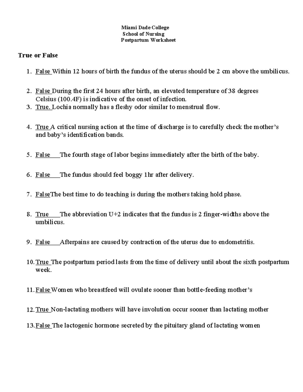 Postpartum Worksheet - Miami Dade College School of Nursing Postpartum ...