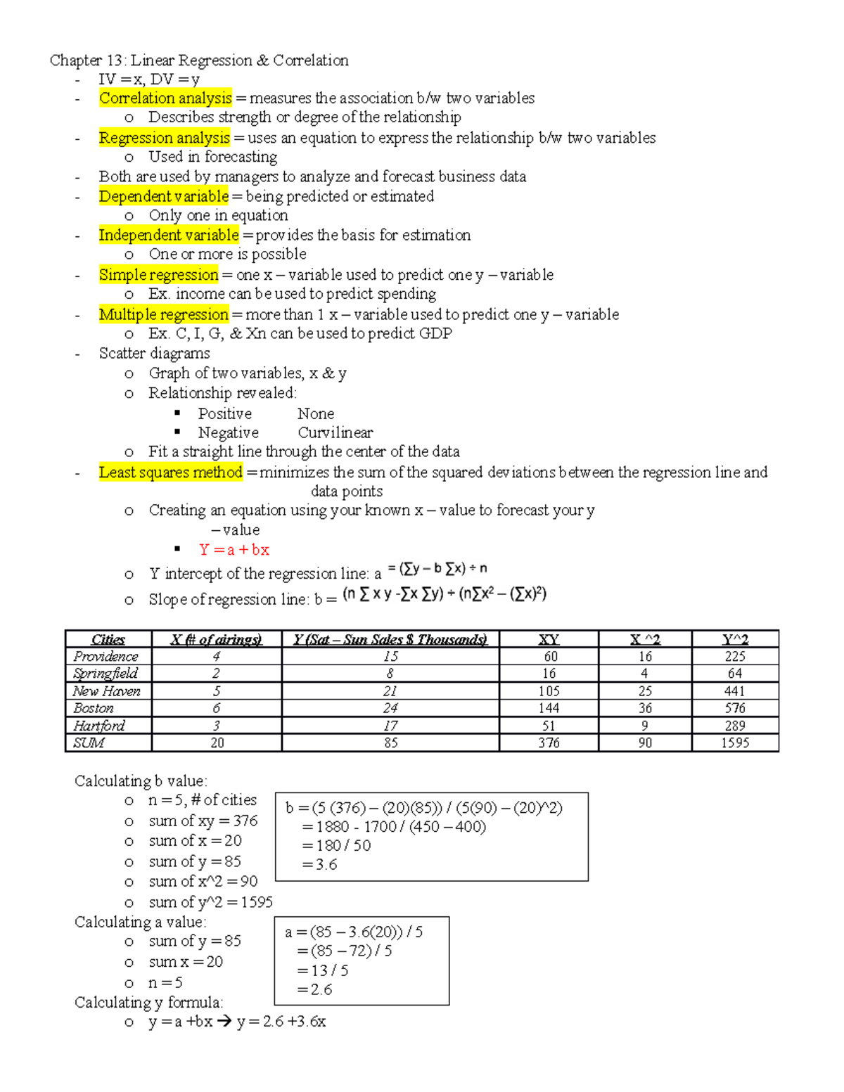 Unit 4 - notes - Chapter 13: Linear Regression & Correlation - IV = x ...