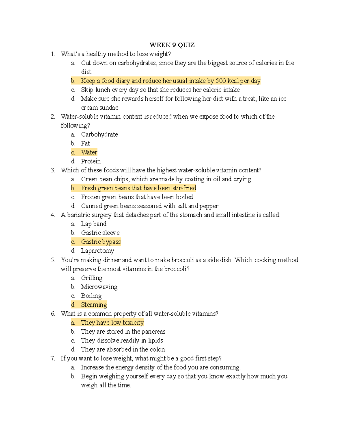WEEK 9 QUIZ - n/a - WEEK 9 QUIZ What’s a healthy method to lose weight ...