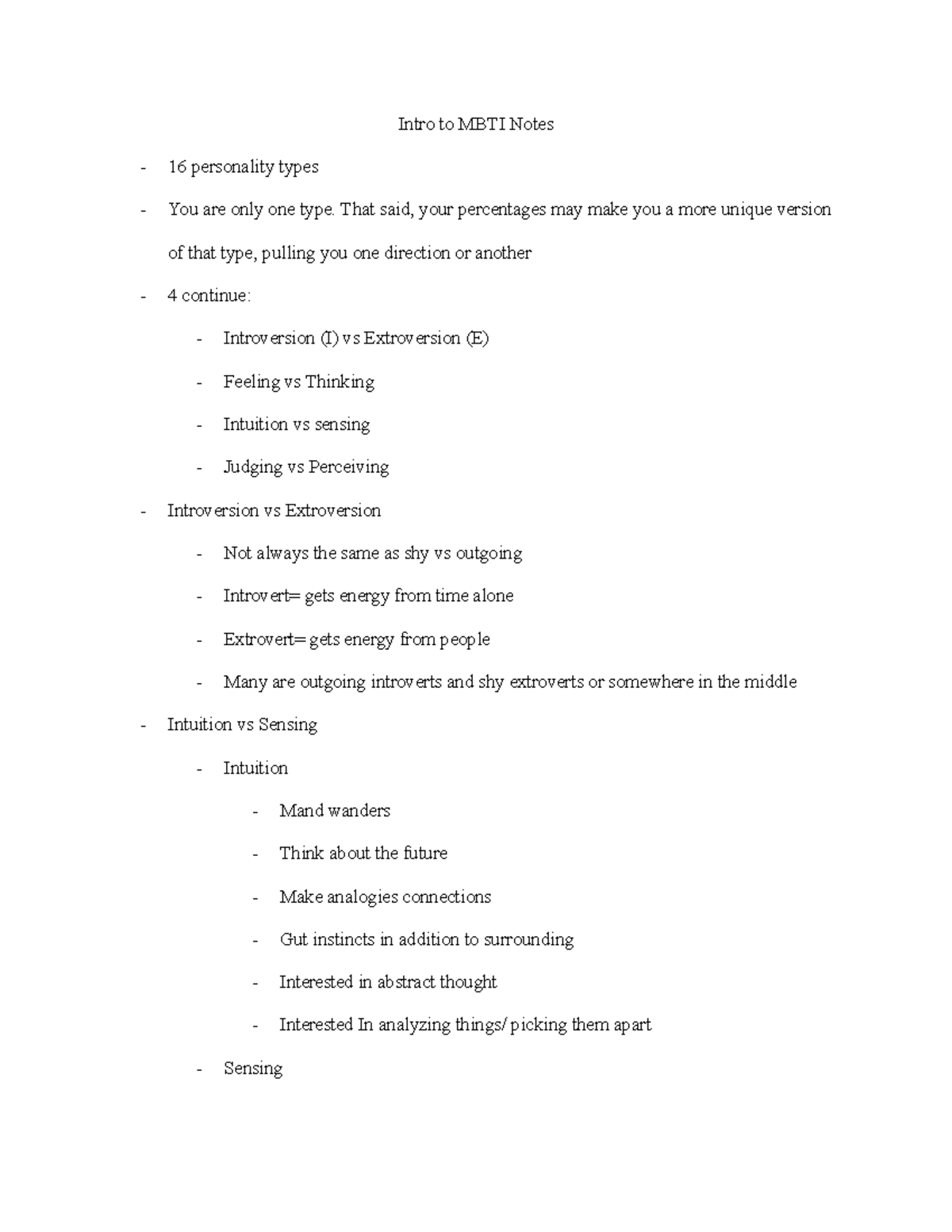 Intro to MBTI Notes - Describes the different personality types and how ...