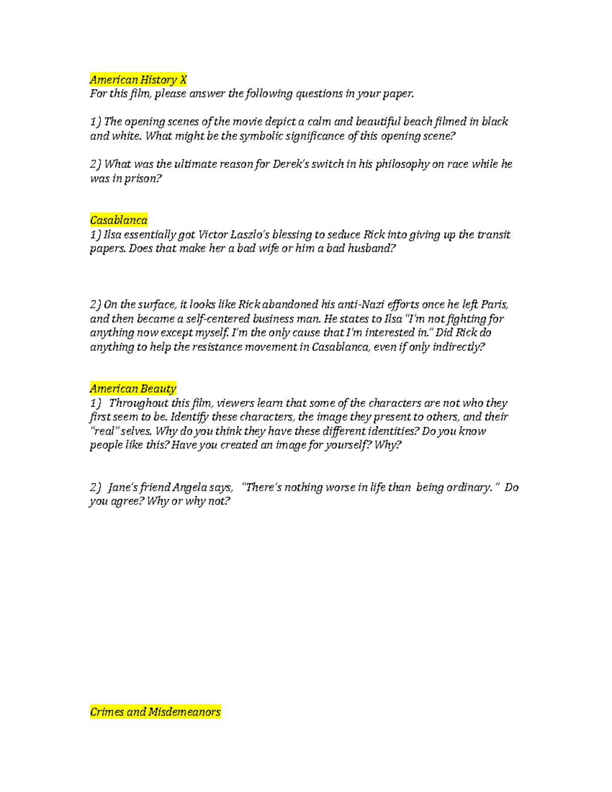 Attachment 1 - It is a guide questions of A.I movie - American History ...