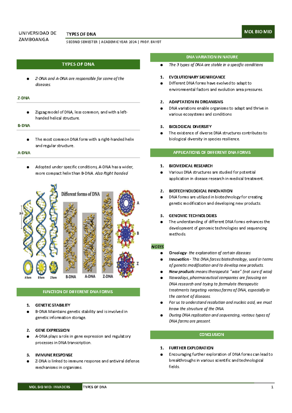 Types-OF-DNA - ZAMBOANGA TYPES OF DNA MOL BIO MID SECOND SEMESTER ...