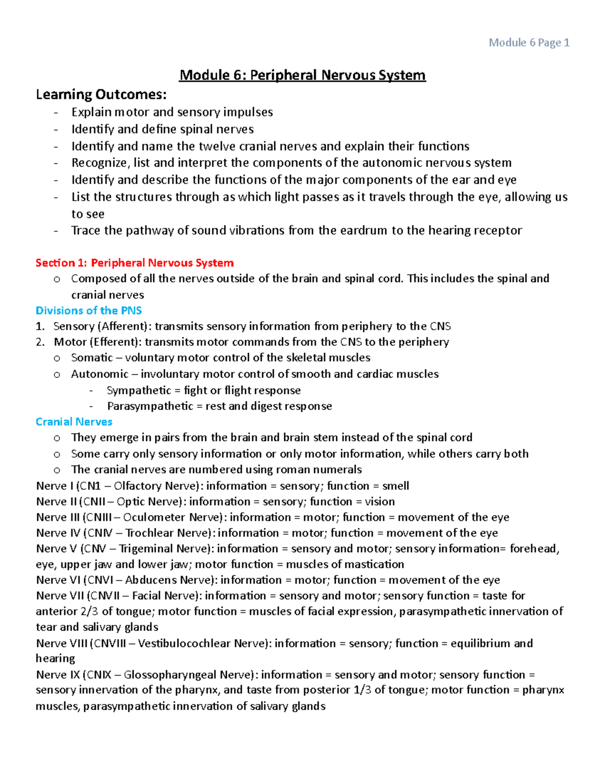 ANAT 100 Module 6 - notes - Module 6: Peripheral Nervous System ...