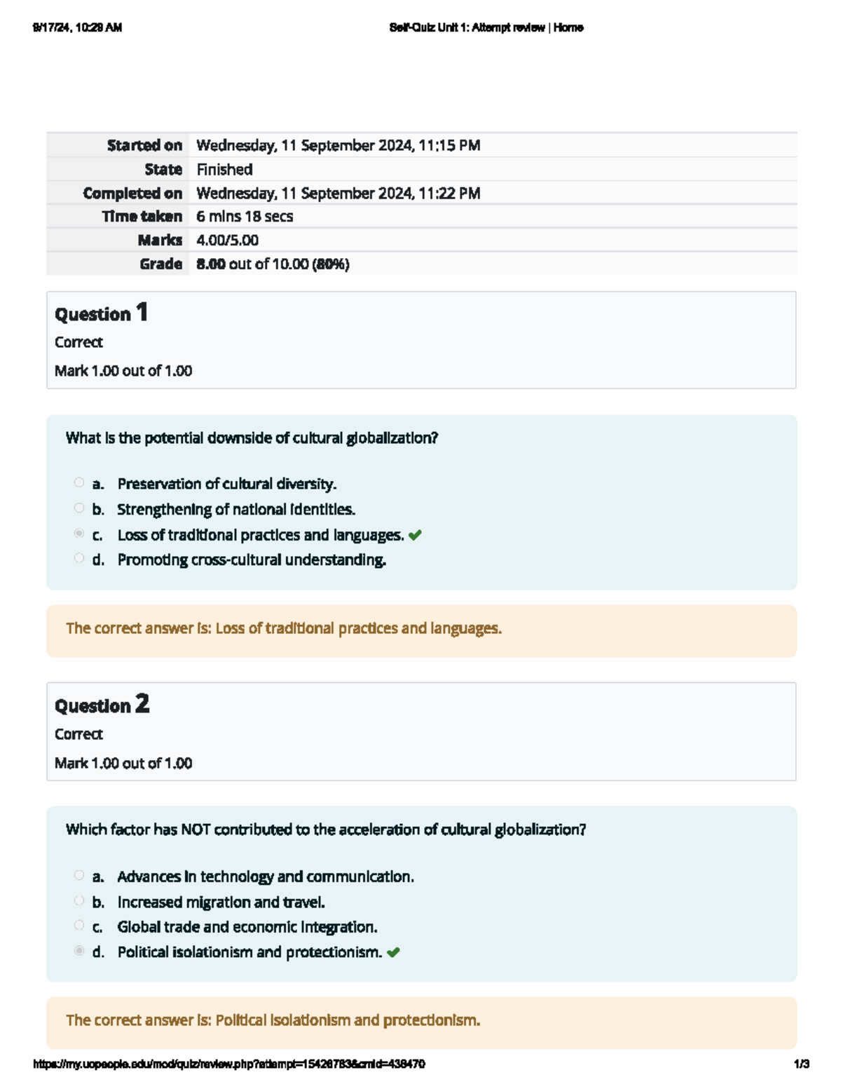 POLS 1503 Self-Quiz Unit 1 - 10:29 AM Unit 1: Attempt review I Home Started on Wednesday, 11 ...