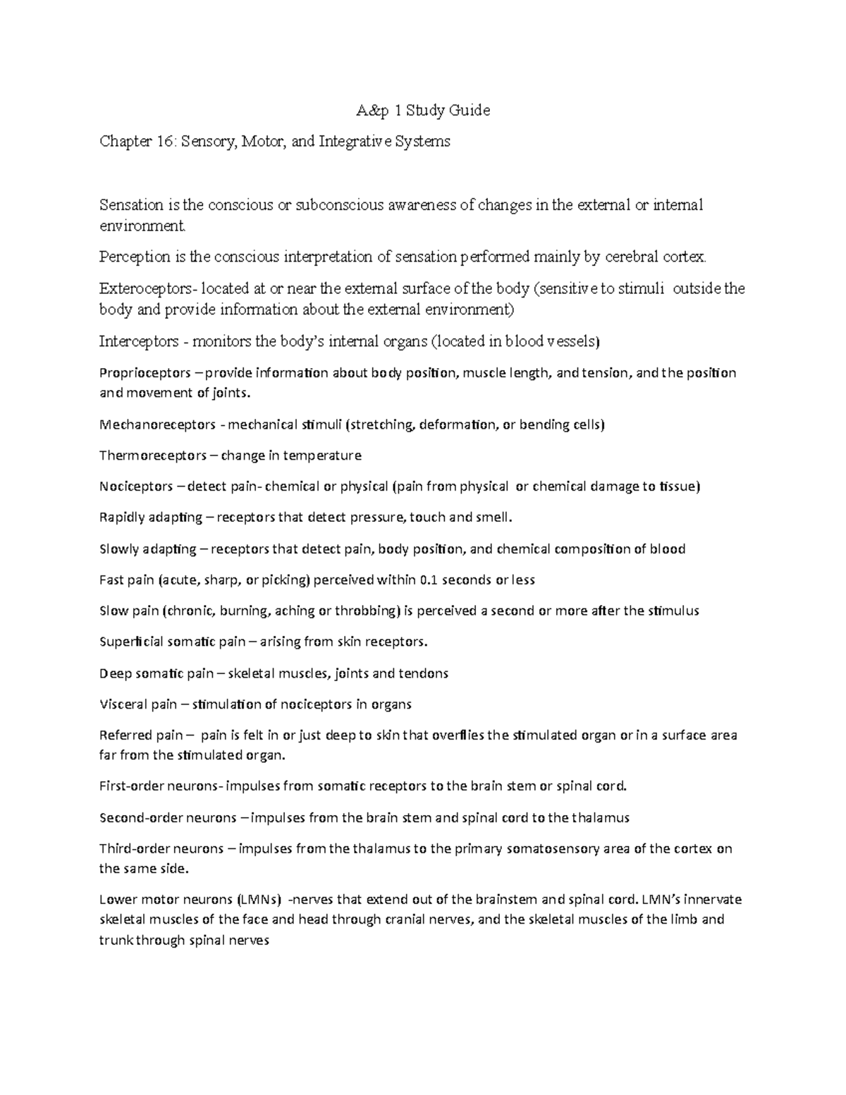 Sensory, motor, and inegrative systems - A&p 1 Study Guide Chapter 16 ...