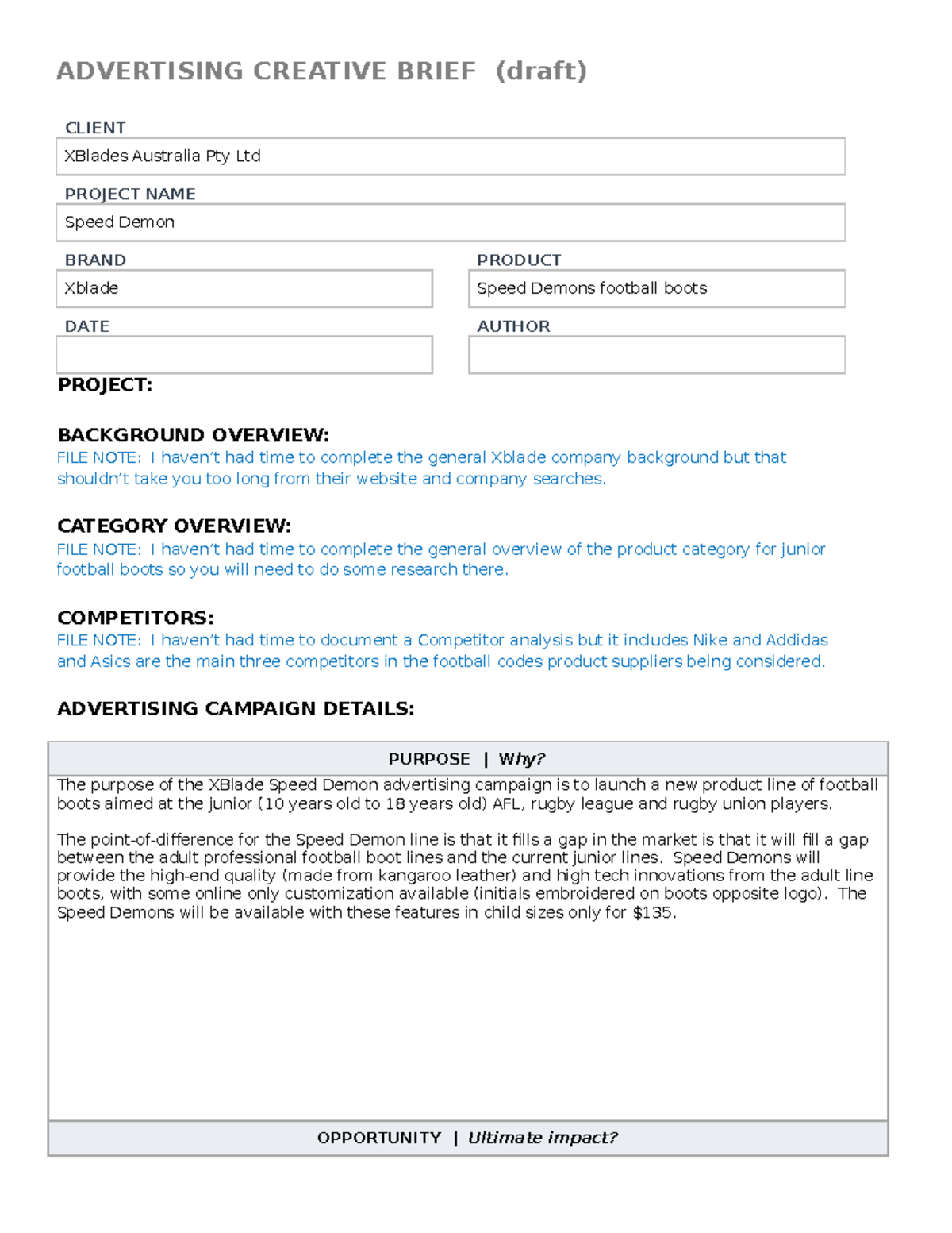 Advertising Creative Brief Template - ADVERTISING CREATIVE BRIEF (draft ...