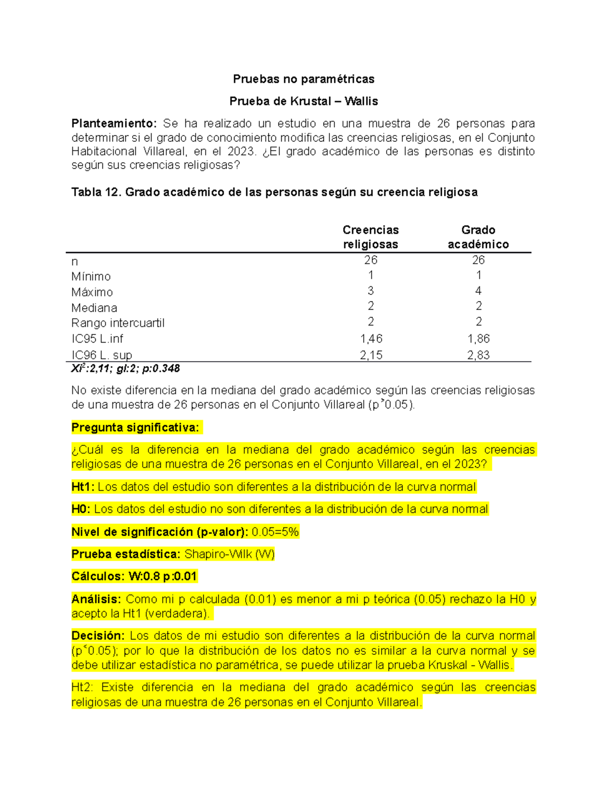 Ejercicio Krustal - Wallis - Pruebas no paramétricas Prueba de Krustal ...