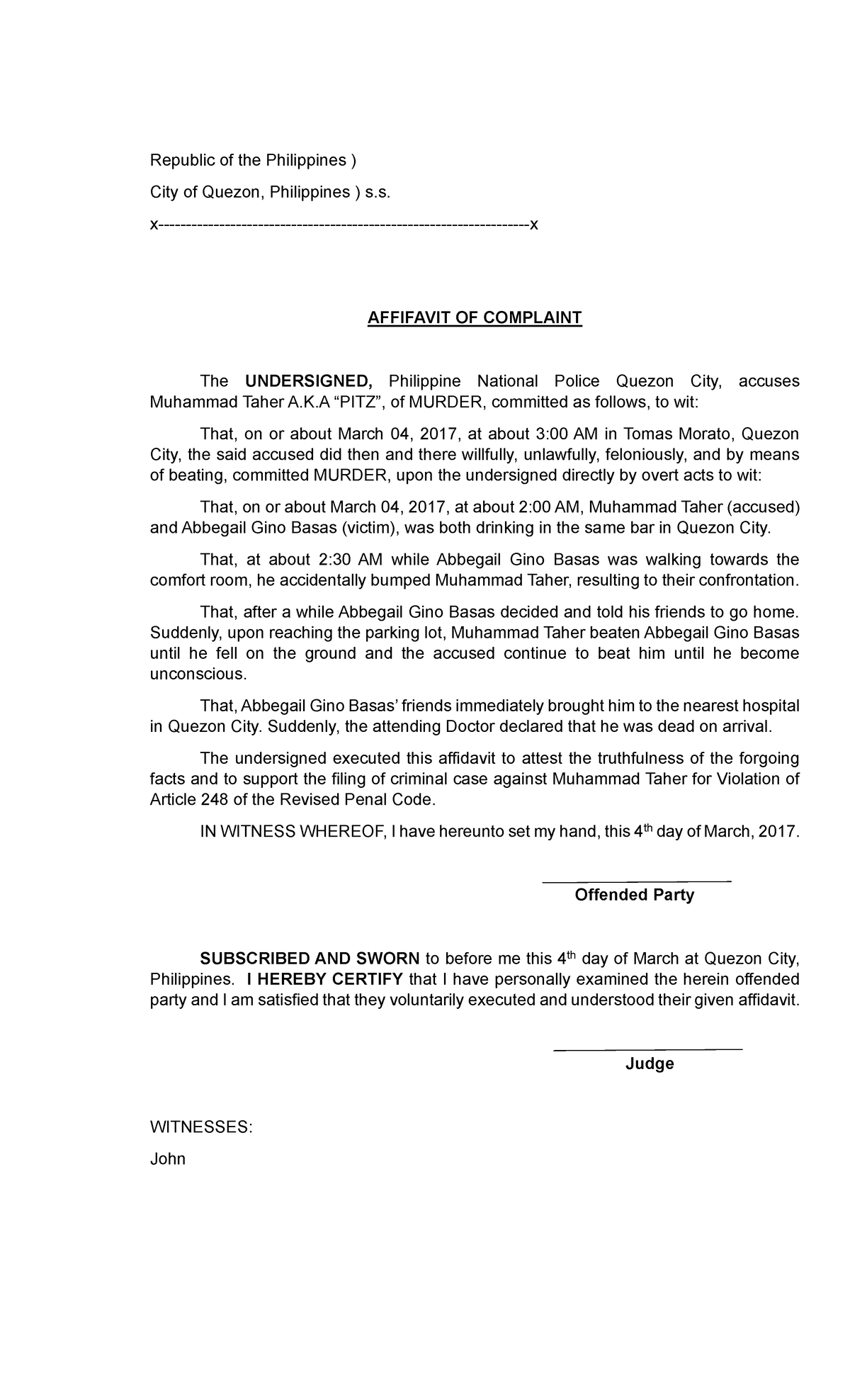 Sample Affidavit - Republic of the Philippines ) City of Quezon ...