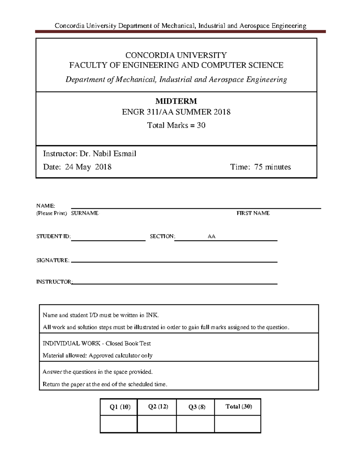 ENGR 311 Form Midterm EXAM Solution - NAME: (Please Print) SURNAME· FIRST NAME STUDENT ID ...