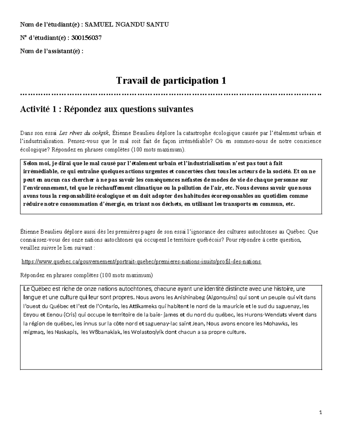 Travail de participation 1 - - Studocu