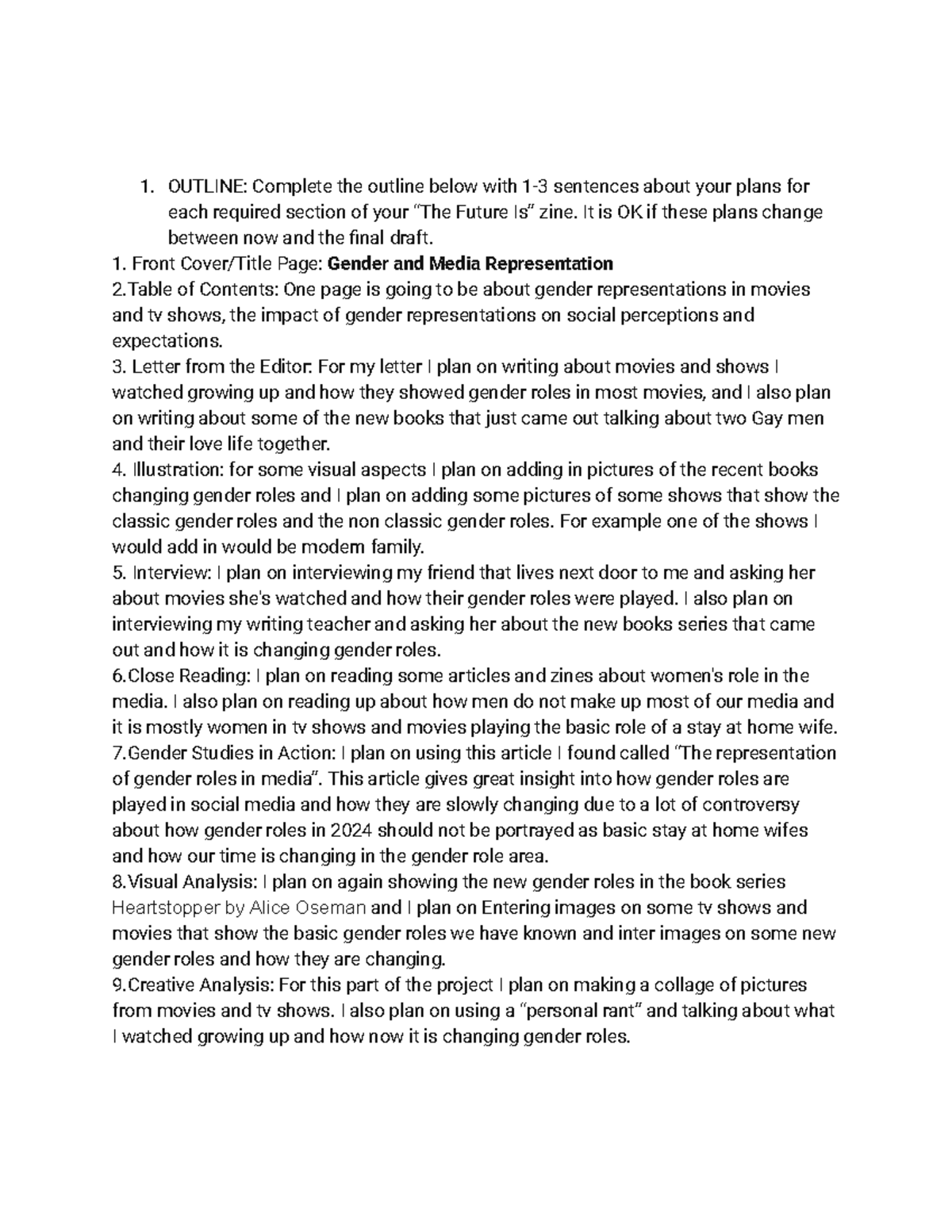 Final zine project outline - OUTLINE: Complete the outline below with 1 ...