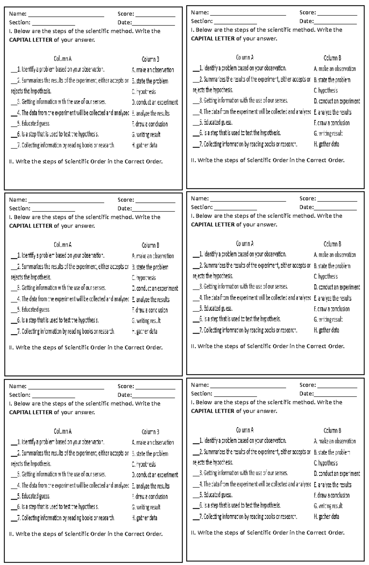 Scientific Method Activity - Name: _______________________ Score ...