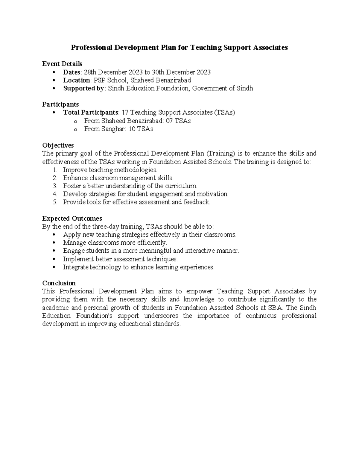 Professional Development Plan for Teaching Support Associates - The ...