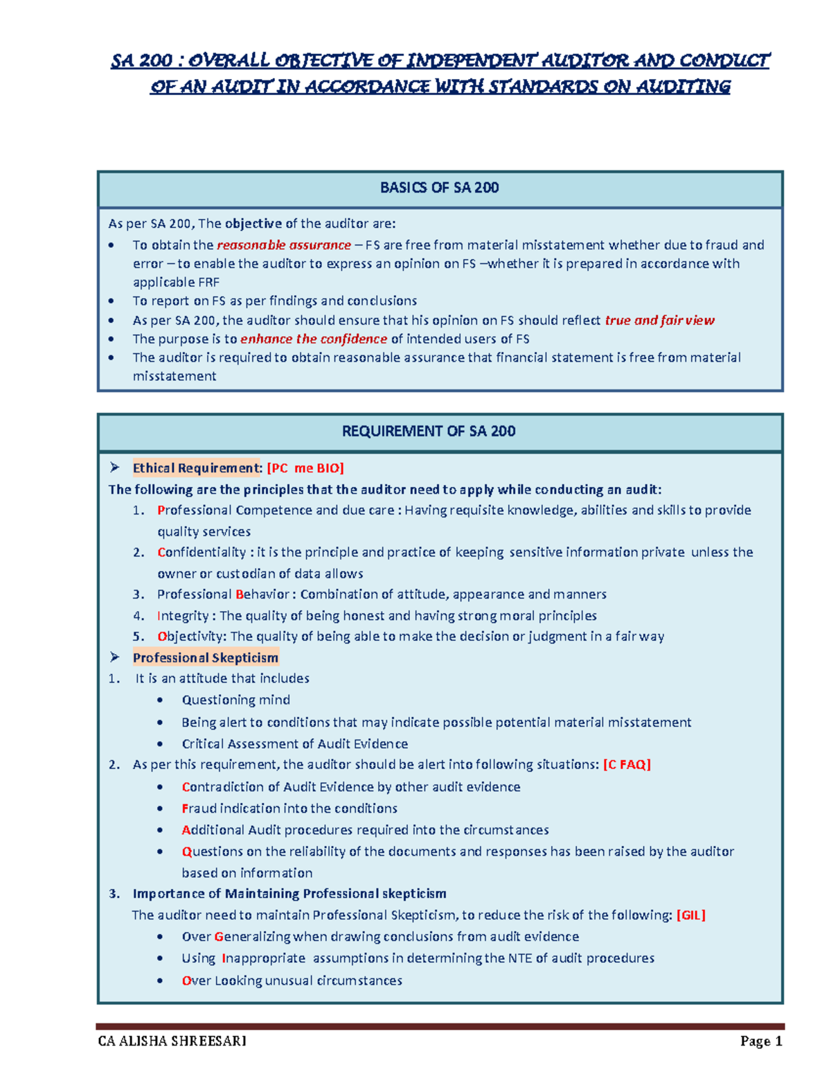 Audit SA Notes - SA 2 00 : OVERALL OBJECTIVE OF INDEPENDENT AUDITOR AND ...