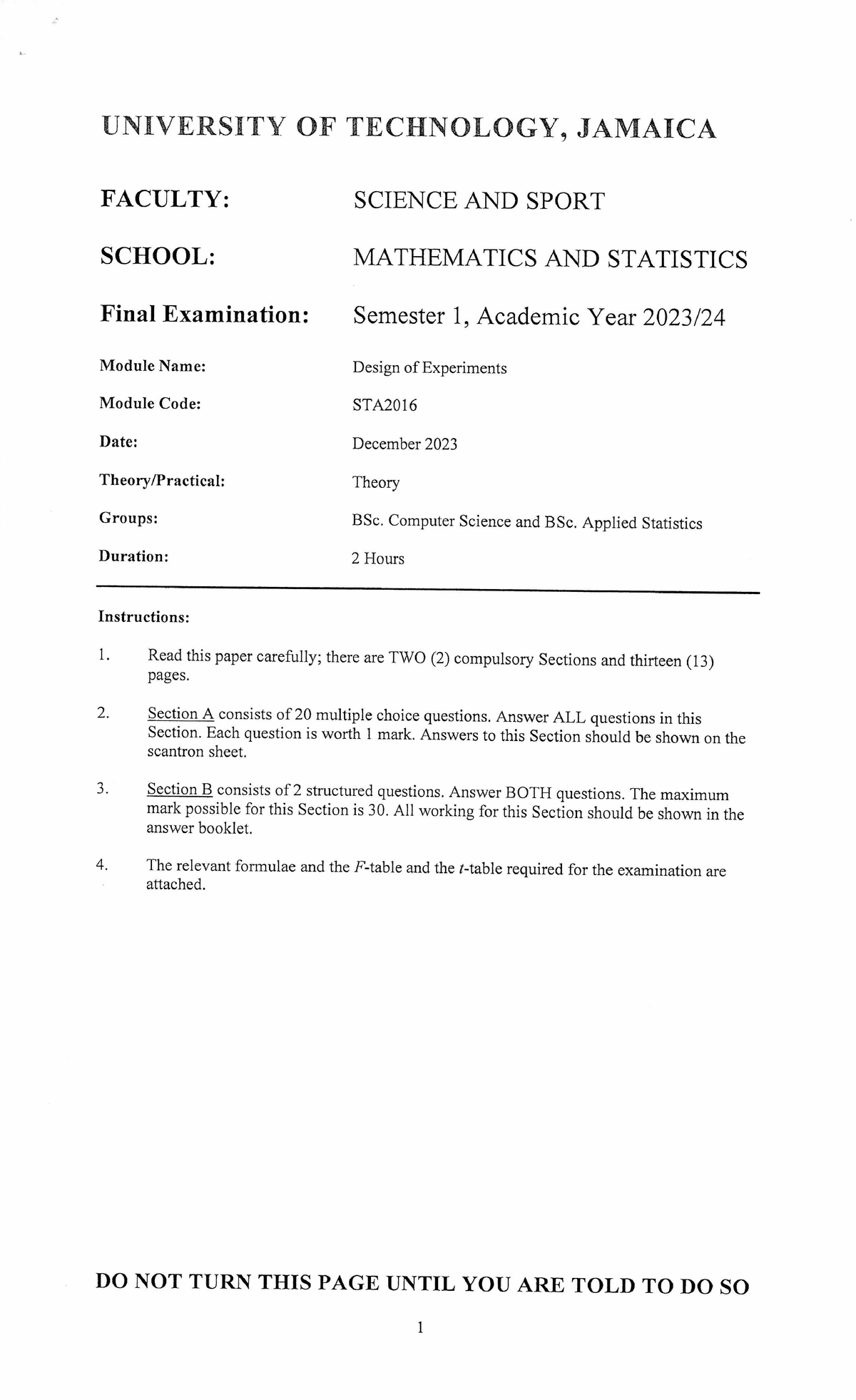 23 STA2016 SEM1 - Practice paper - Design of Experiments - Studocu