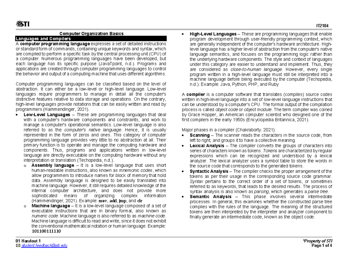 01 Handout 1(17) - 01 Handout 1 *Property of STI Computer Organization Basics Languages and ...