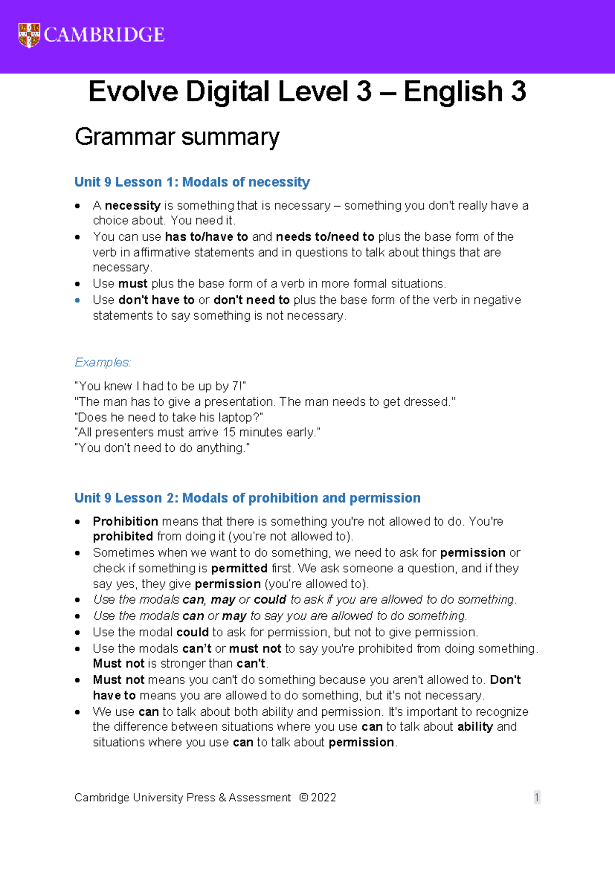 Unit 9 - E3 - Grammar - Cambridge University Press & Assessment © 2022 ...