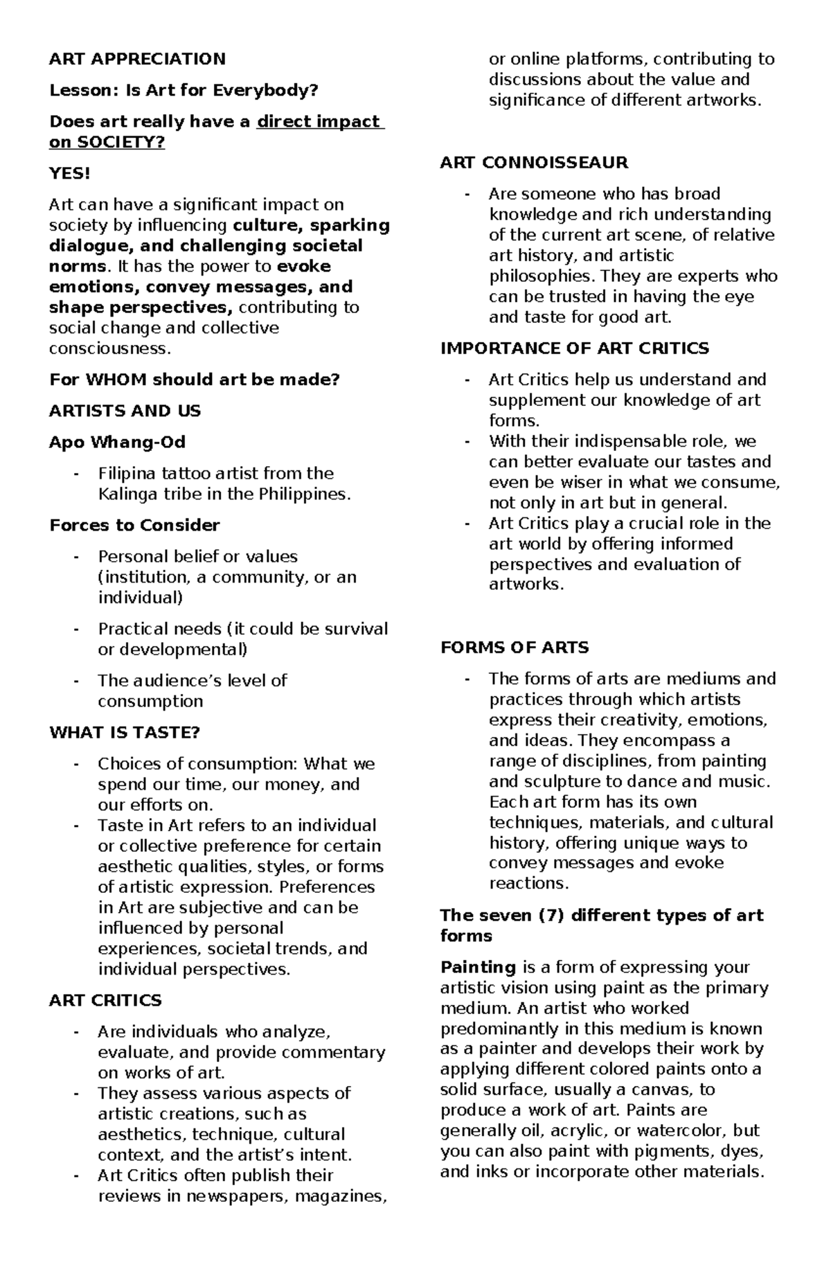 ART Appreciation Reviewer - ART APPRECIATION Lesson: Is Art for ...