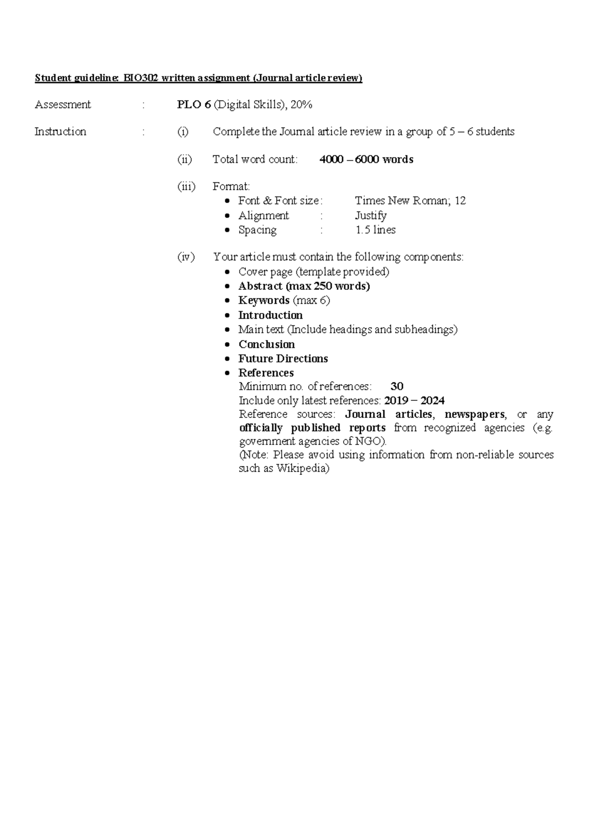 Guideline BIO302 Written Assignment JAR 20242 - Student guideline ...