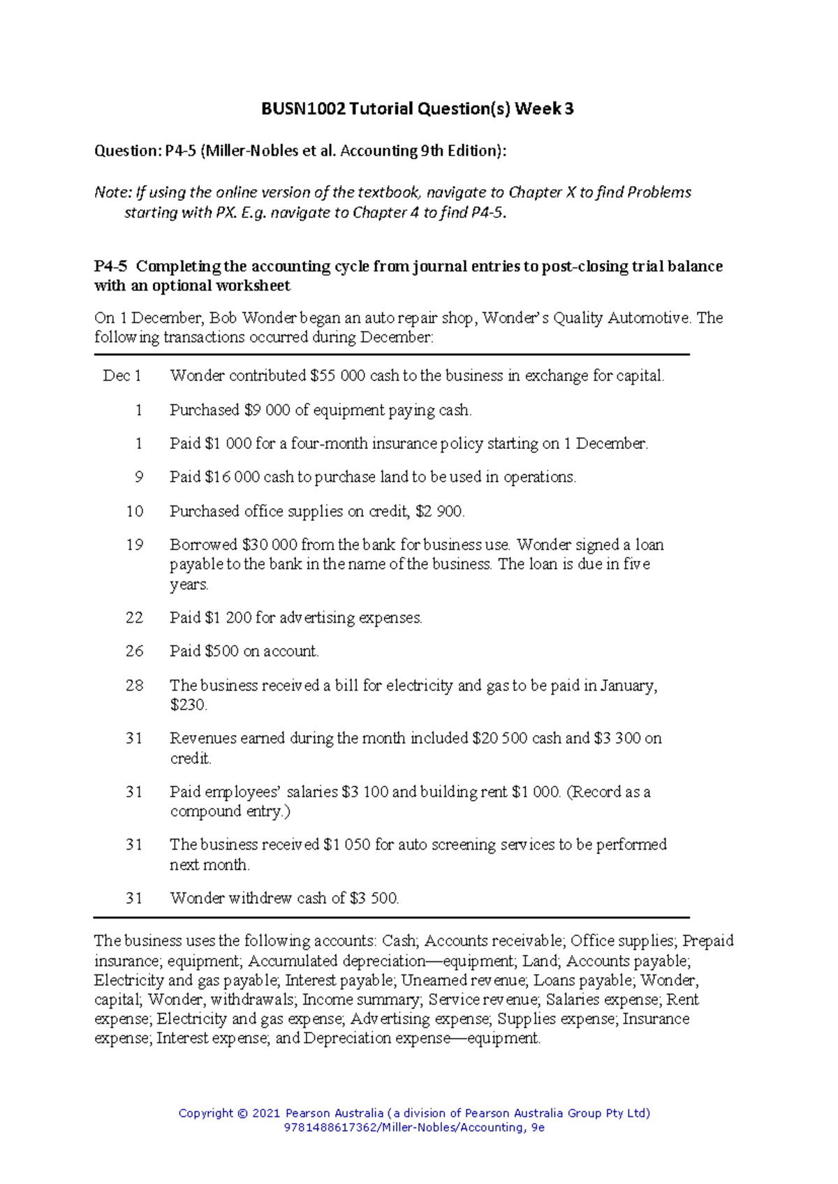 BUSN1002 Tutorial Questions Week 3 - Accounting 9th Edition): Note: If ...