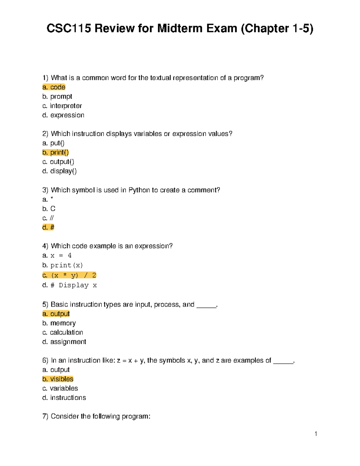 CSC115 Review for Midterm Exam Chapter 1-5 copy - CSC115 Review for ...