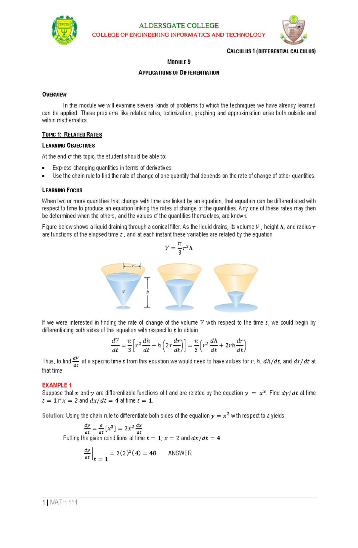 Module-9 MATH-111 - ALDERSGATE COLLEGE COLLEGE OF ENGINEERING ...