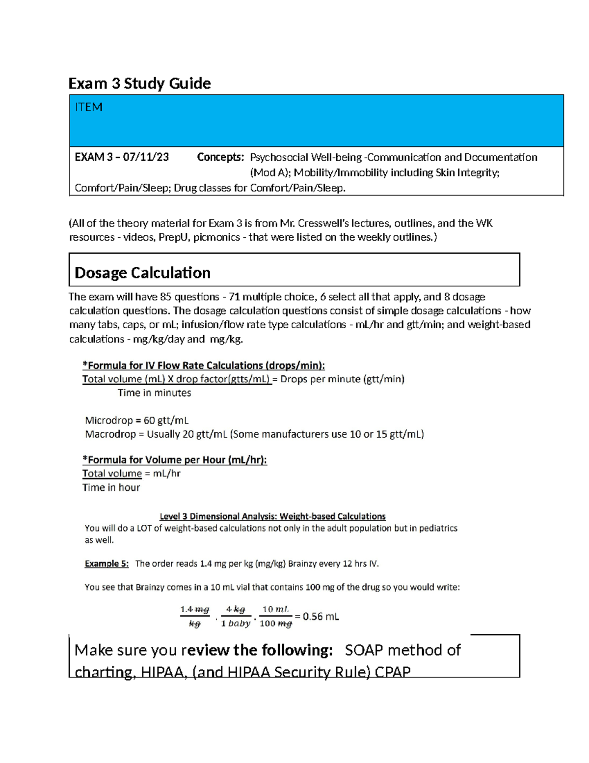 Exam 3 Study Guide - Exam 3 Study Guide ITEM EXAM 3 – 07/11/23 Concepts ...