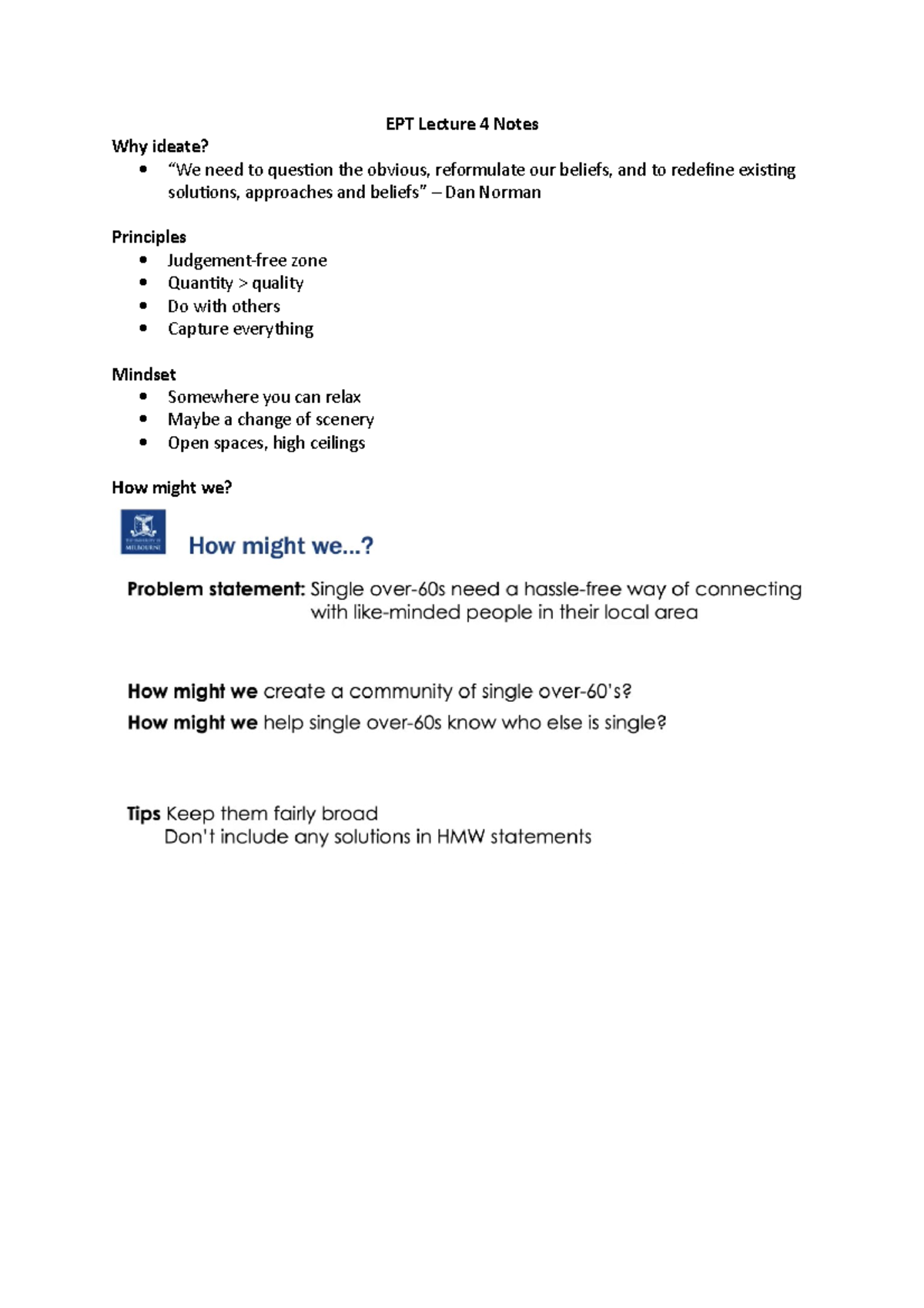 EPT Lecture 4 Notes - EPT Lecture 4 Notes Why ideate? “We need to ...