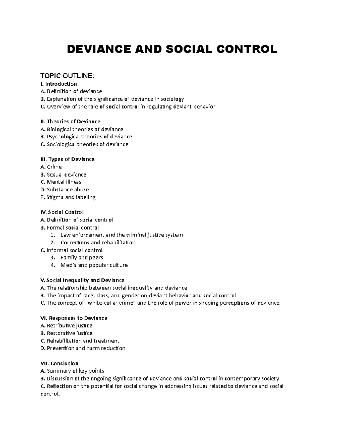 Deviance and Social Control - DEVIANCE AND SOCIAL CONTROL TOPIC OUTLINE ...