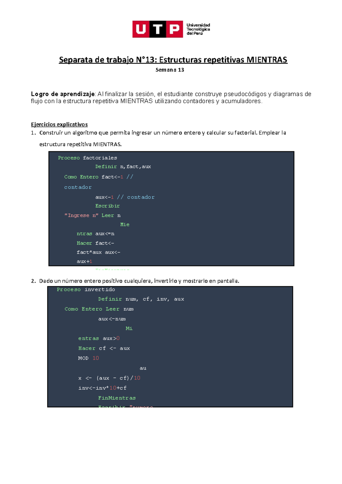 Primcipios sem 13 - Semana 13 - Separata de trabajo N°13: Estructuras repetitivas MIENTRAS ...