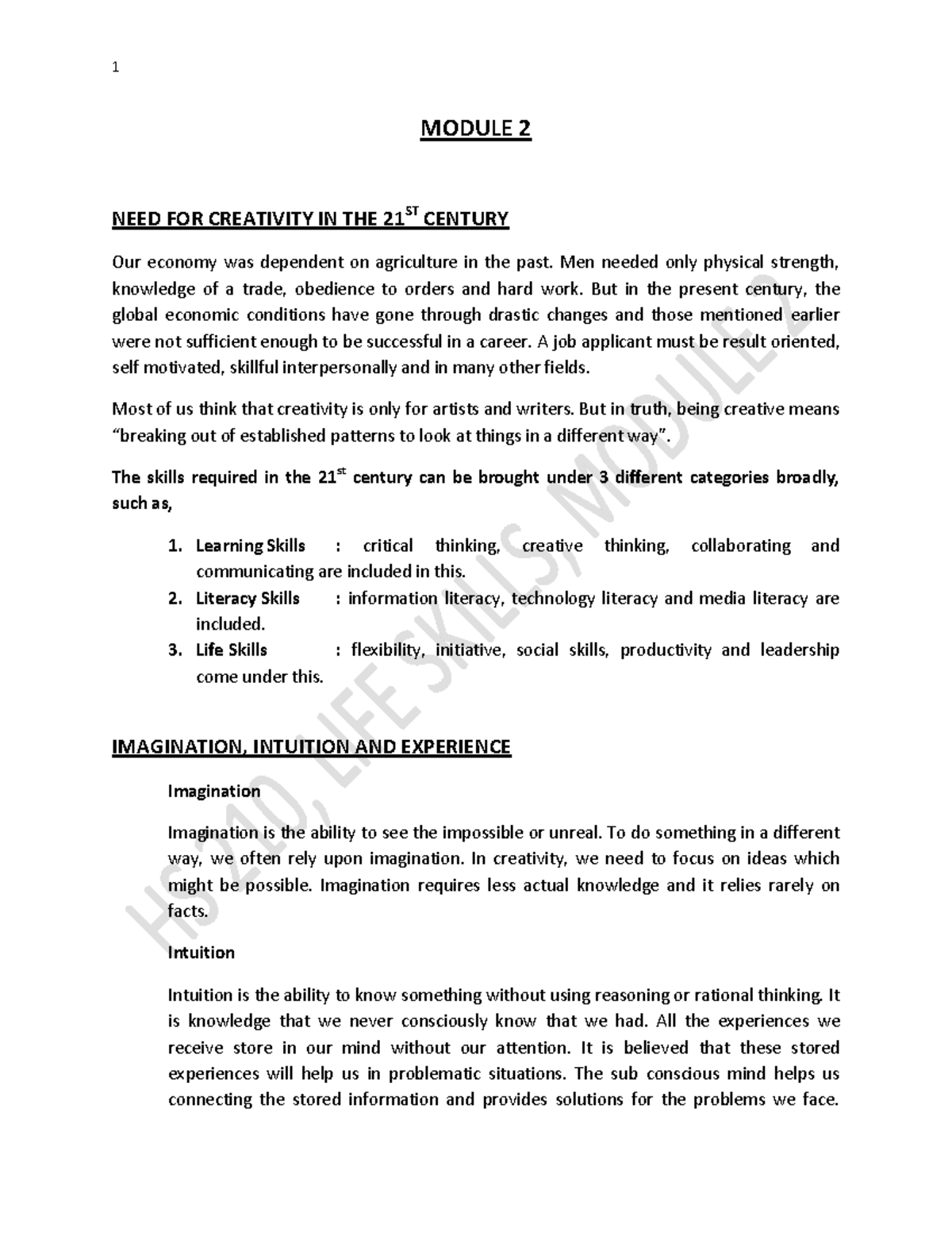 LIFE Skills-HS210(2)pdf - MODULE 2 NEED FOR CREATIVITY IN THE 21ST CENTURY Our economy was ...