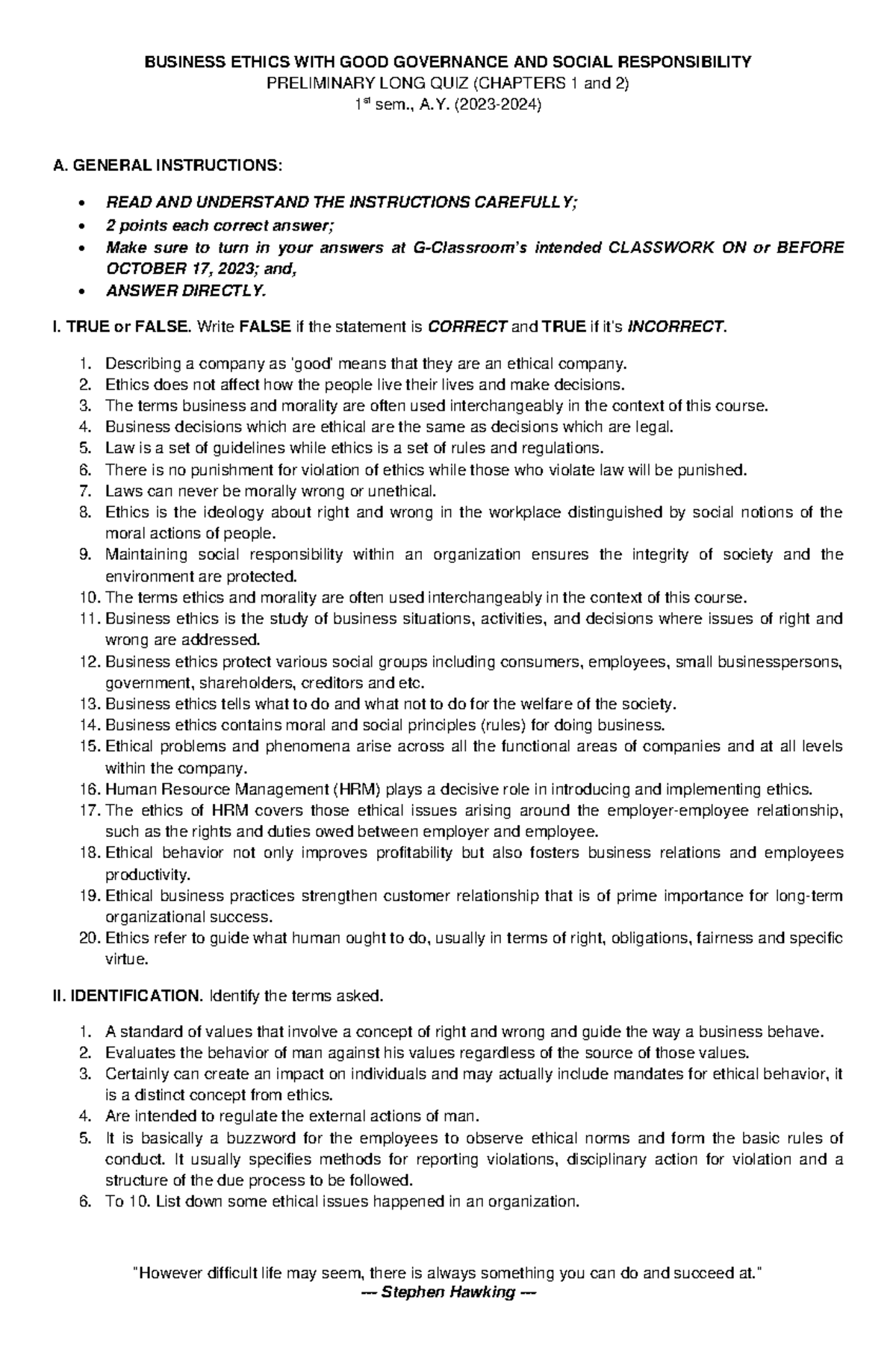 Prelim LONG QUIZ- Business Ethics WITH GOOD Governance AND Social ...