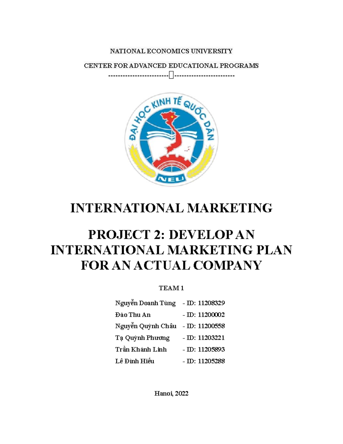 Project 2 International Marketing - NATIONAL ECONOMICS UNIVERSITY ...