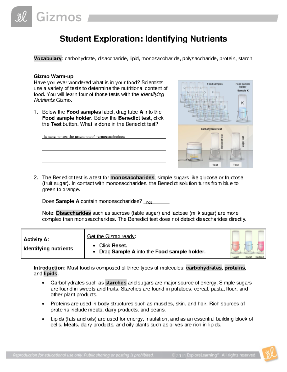 U1A1 - Gizmo Worksheet-C - Student Exploration: Identifying Nutrients ...