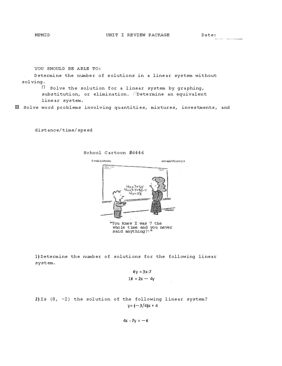 UNIT 1 MATH QUESTIONS - MPM2D UNIT I REVIEW PACKAGE Date: YOU SHOULD BE ...