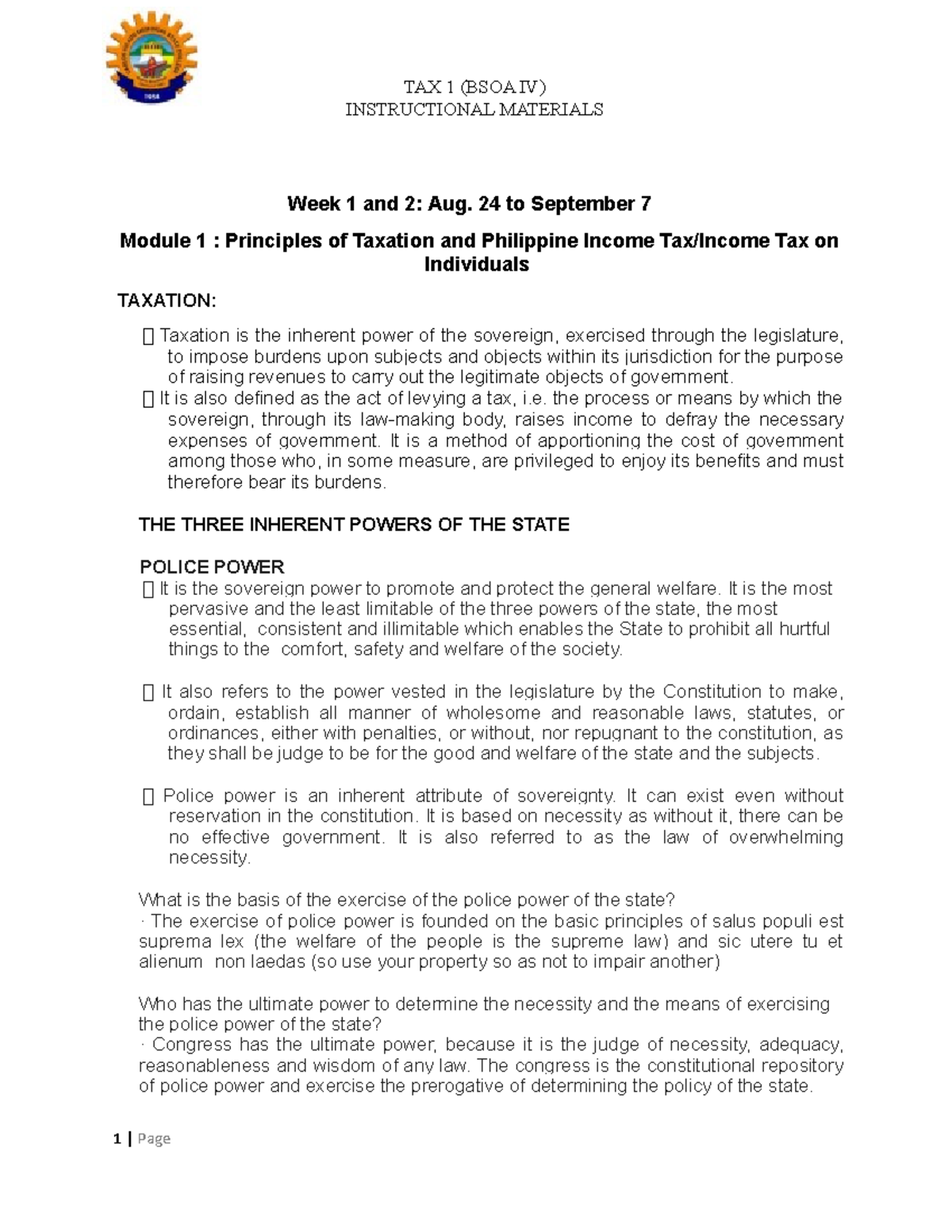 Module 1 Principles of Taxation and Philippine Income Tax Income Tax on ...