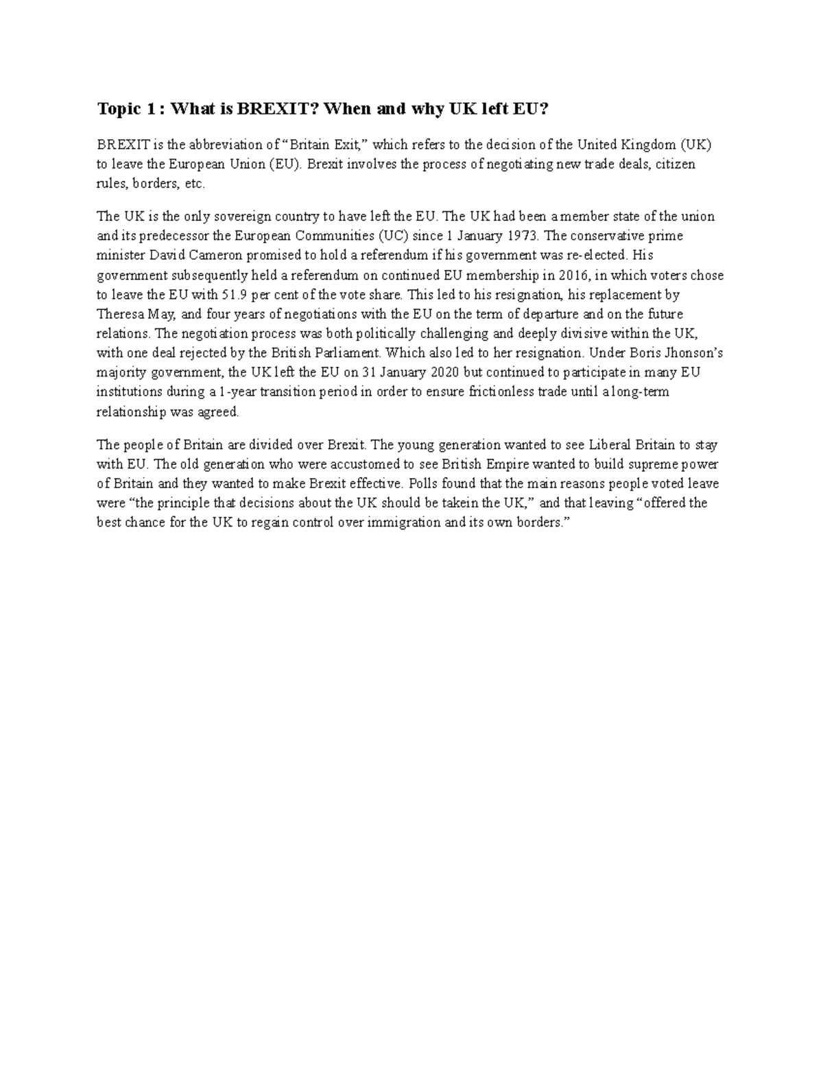 Brexit - Topic 1 : What is BREXIT? When and why UK left EU? BREXIT is ...