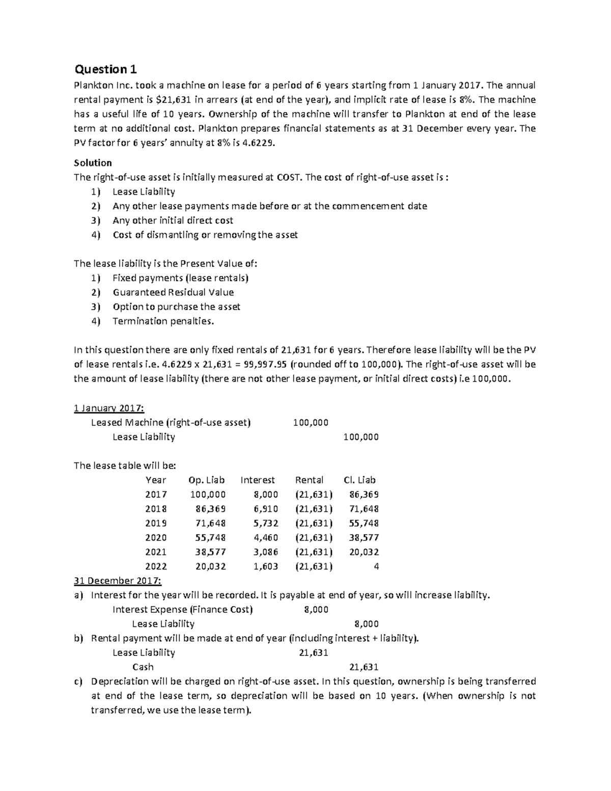 Practice+Questions+-+Leases - Question 1 Solution Lease Liability Any ...