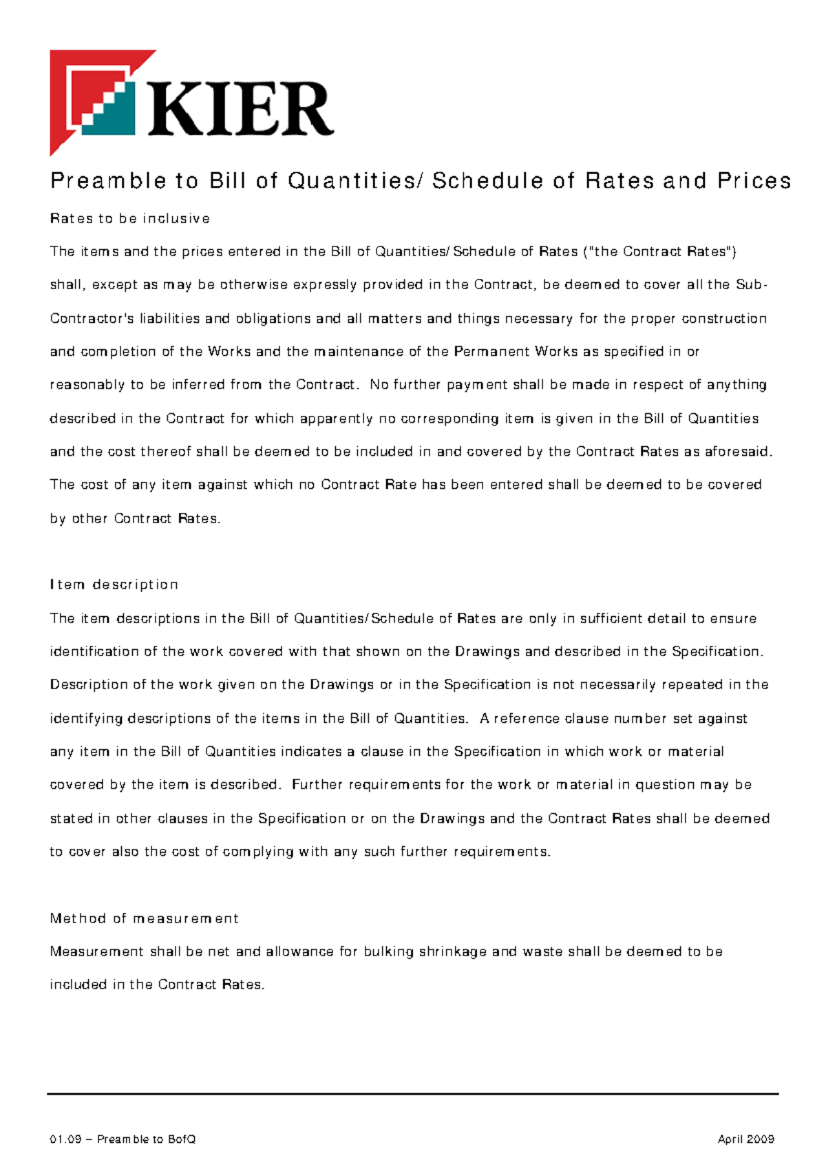 01.09 - Preamble to Bof Q - Preamble to Bill of Quantities/Schedule of ...