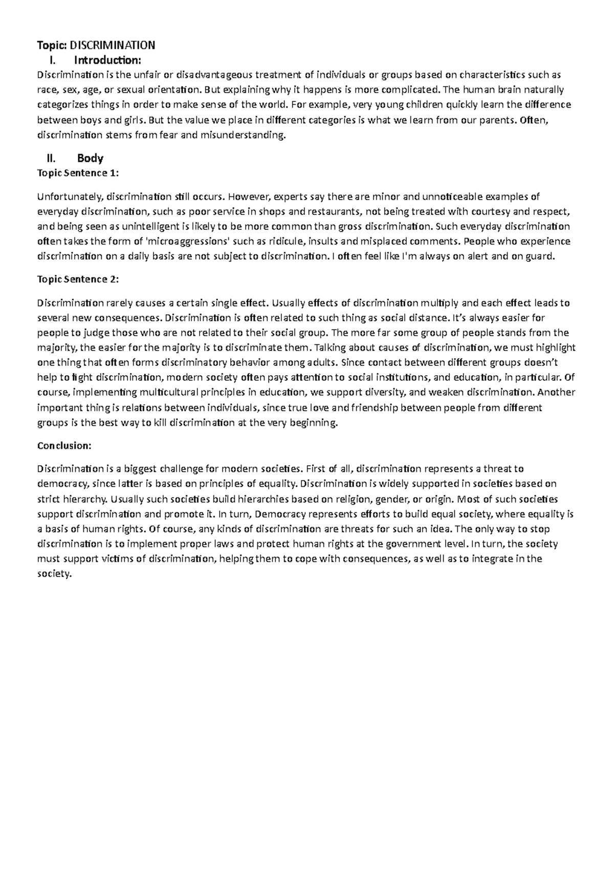 Discrimination - Topic: DISCRIMINATION I. Introduction: Discrimination ...