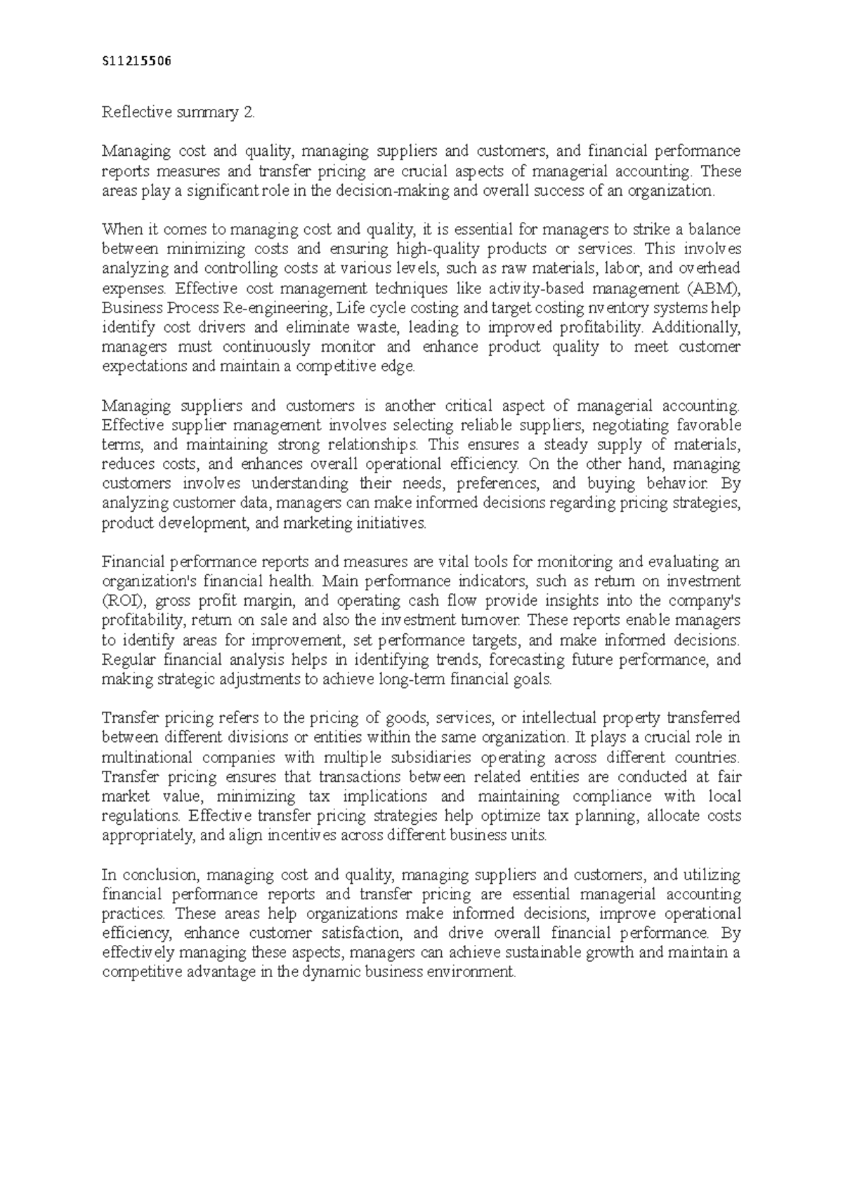 reflective summary 2 - S Reflective summary 2. Managing cost and ...