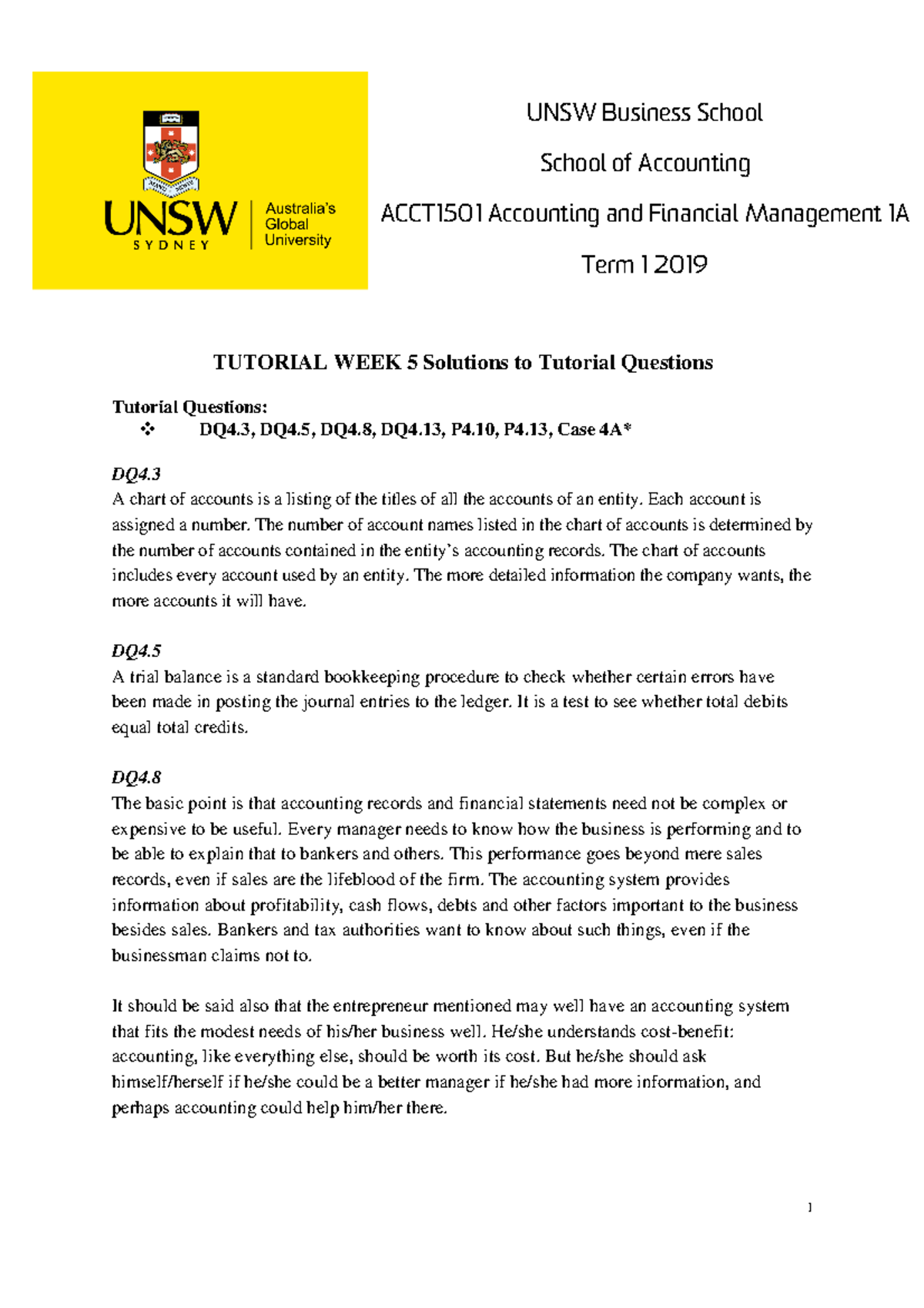 UNSW ACCT1501 Tutorial Question Answers - UNSW Business School School ...
