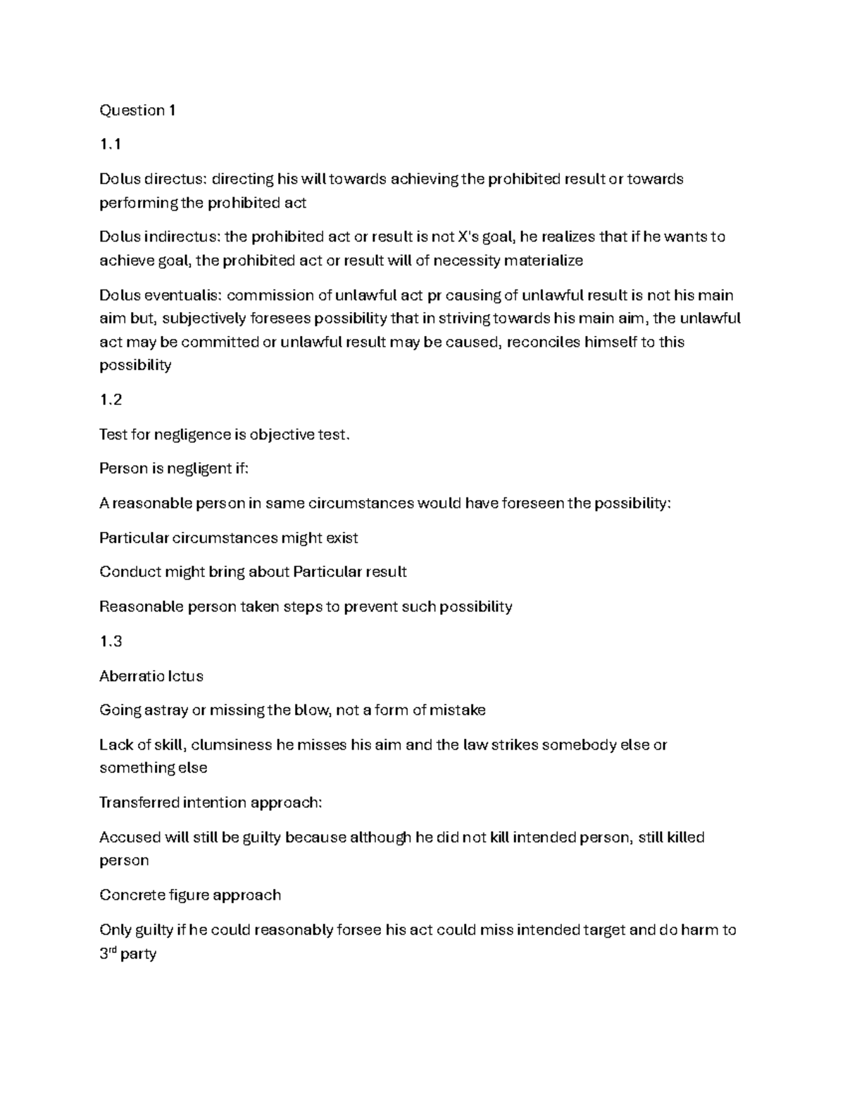 DOC-20240429-WA0037 - Past paper memo - Question 1 1. Dolus directus ...
