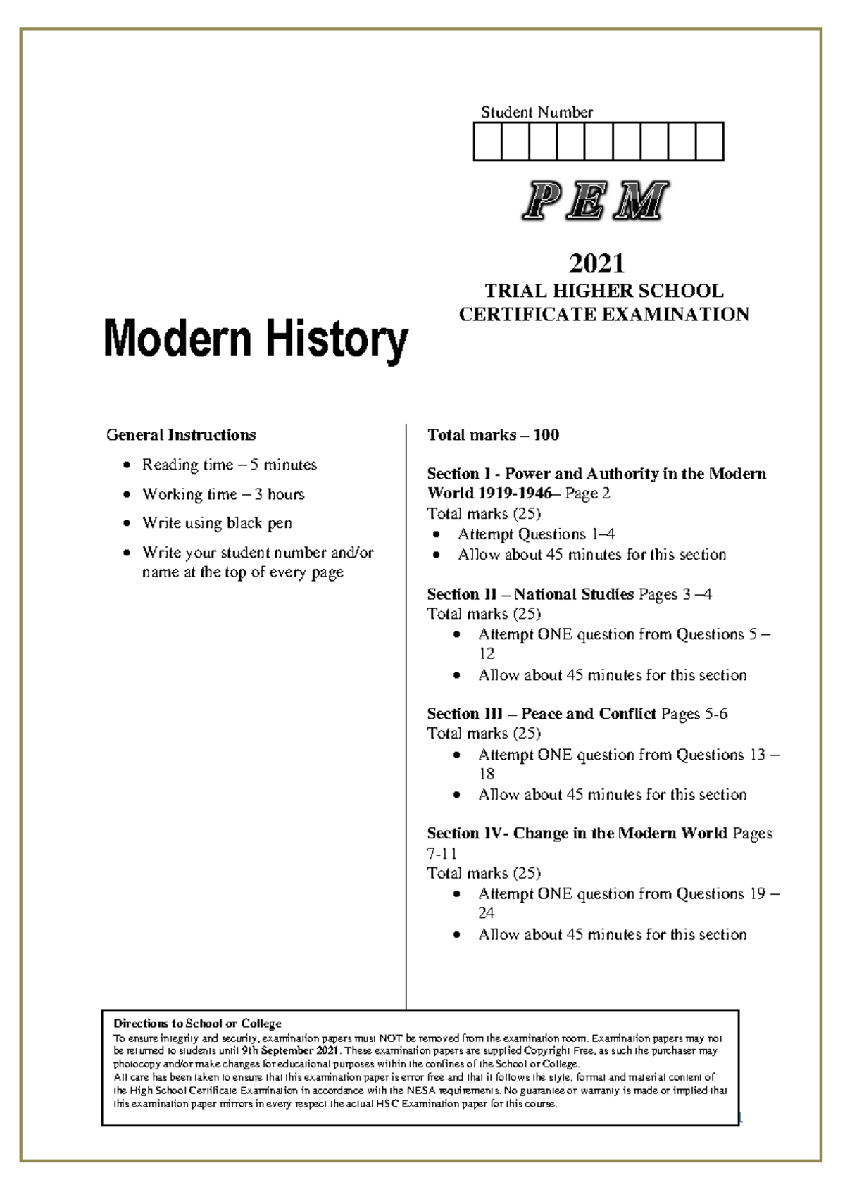 PEM 2021 Modern History Trial HSC Examination paper - Petrologi ...