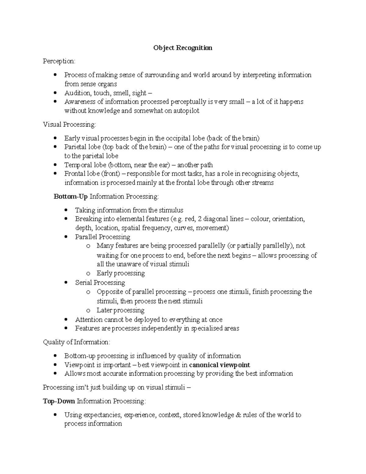 Object Recognition Lecture Notes 5 Object Recognition Perception Process Of Making Sense Of